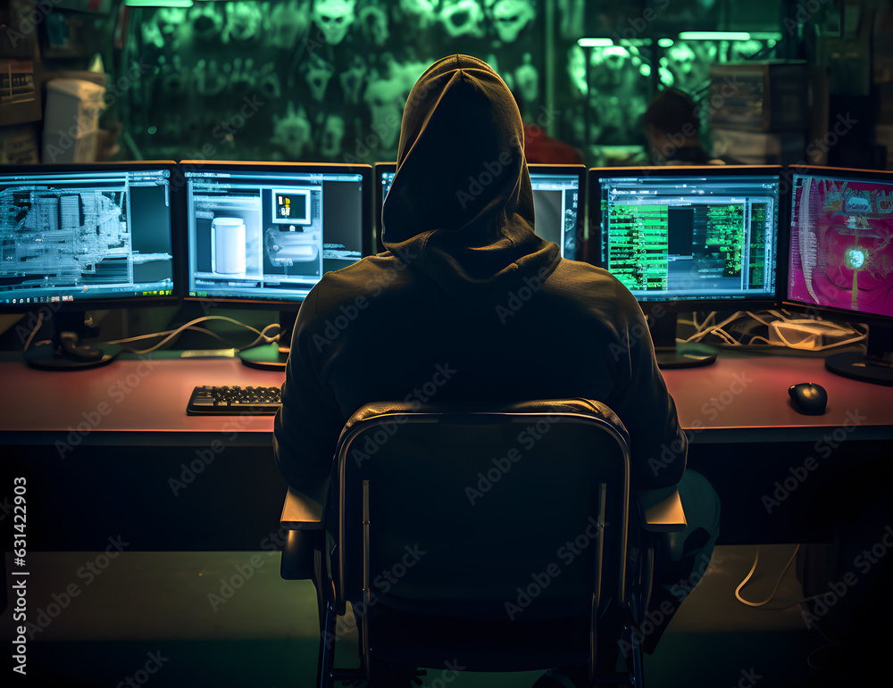 Hacker typing computer. Concept of cybercrime, cyberattack, dark web. Stock イラスト | Adobe Stock