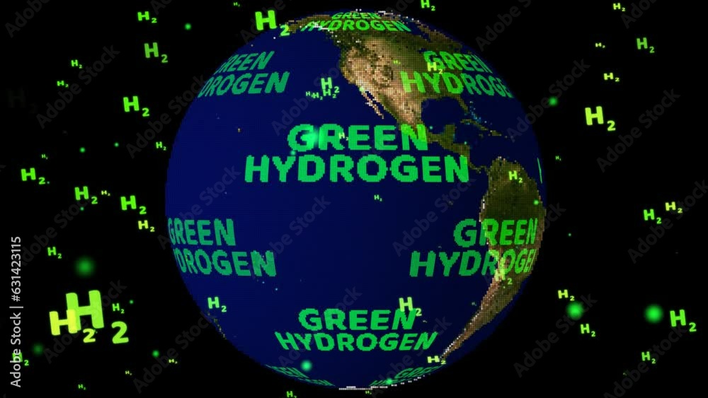 World map with green hydrogen digital green text small ball rotating ...