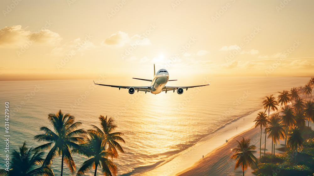 Airplane flying above calm sea and palm trees in clear sunset sky with ...