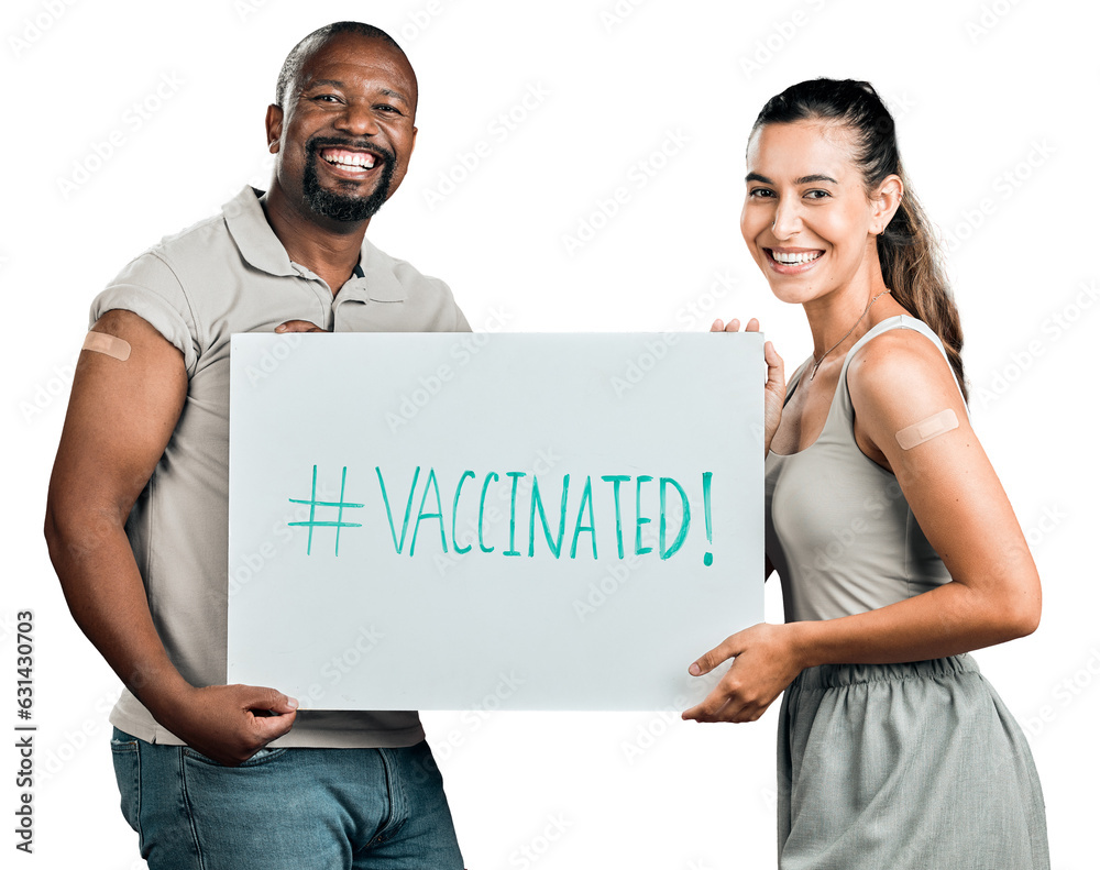 Black man, woman and vaccine promotion poster, portrait and covid ...