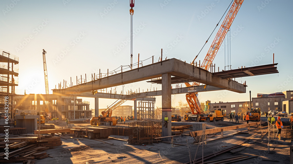 Massive Cranes Lifting Heavy Steel Beams at a Construction Site Stock ...
