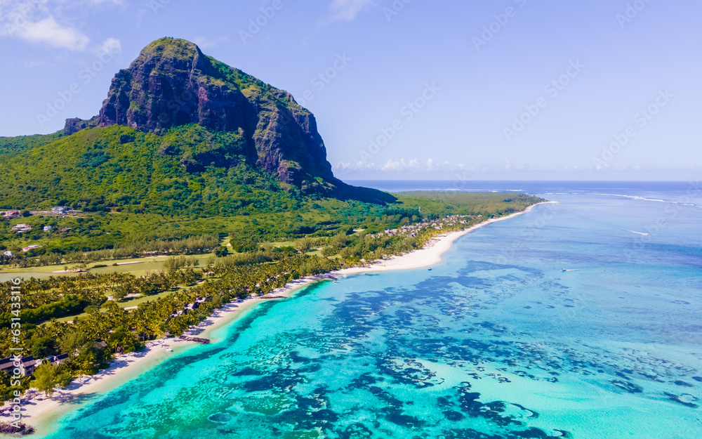 droen aerial vie at Le Morne beach Mauritius Tropical beach with palm ...