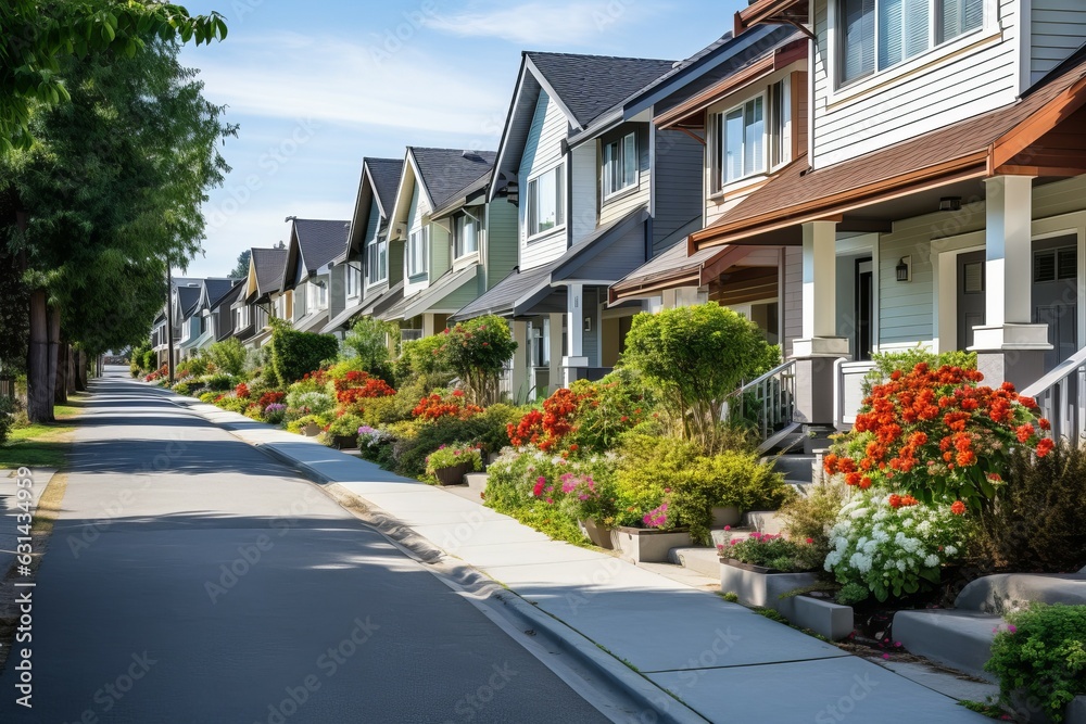 Row houses sidewalk front view. Generate Ai Stock Photo | Adobe Stock
