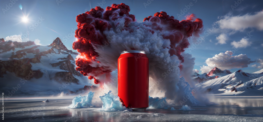 Fantastical Red Soda Can Explosion in Mountainous Landscape. Red soda ...