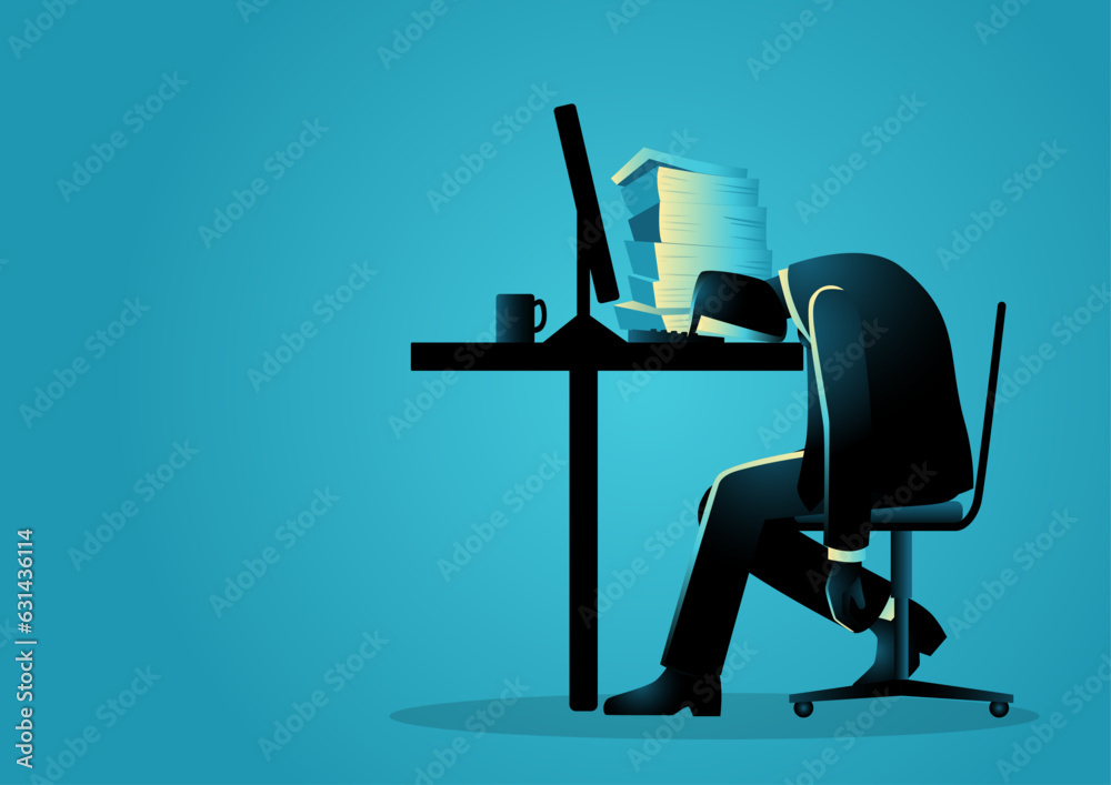 Vetor de Workload exhaustion portrayed with illustration of overworked ...