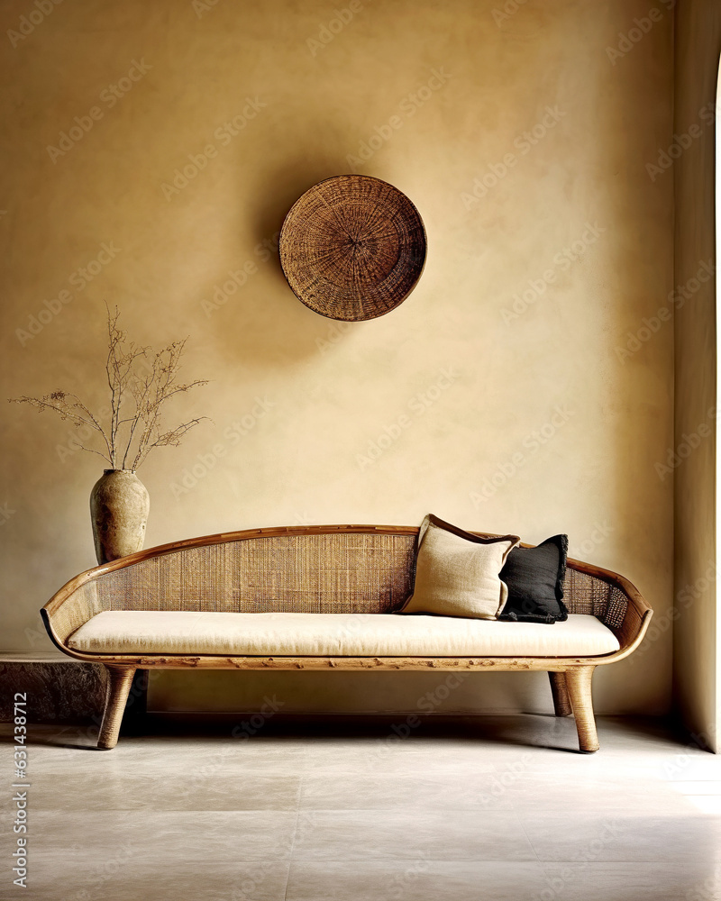 Boho farmhouse home interior design of modern living room. Rustic bench ...
