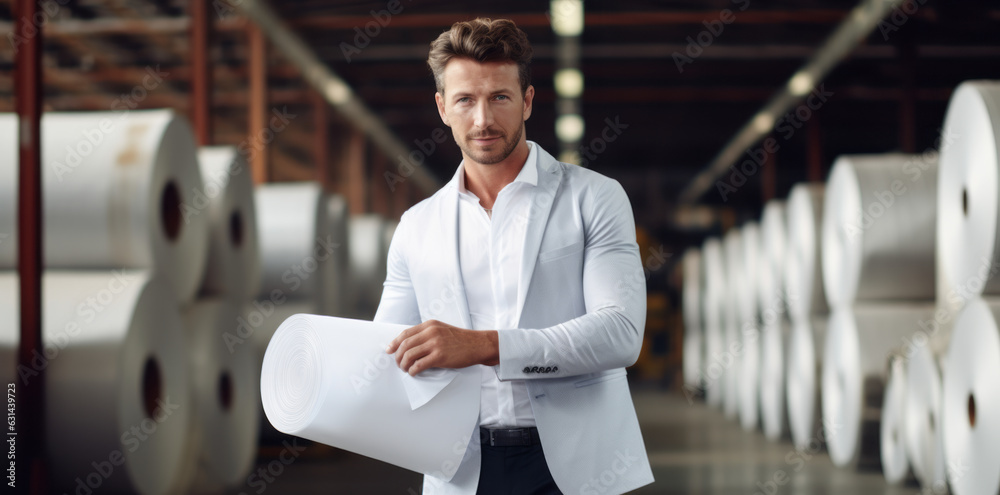 Paper mill factory male entrepreneur with Big White Paper Rolls Placed ... Paper mill factory male entrepreneur with Big White Paper Rolls Placed ...