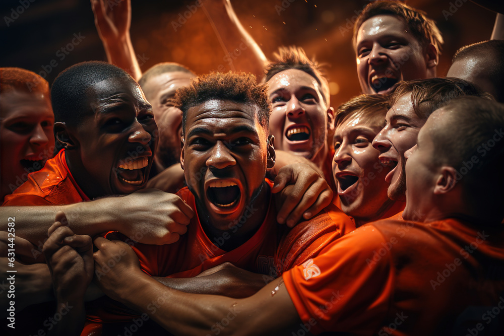 Showcase the teamwork aspect of soccer ball or celebrating together ...