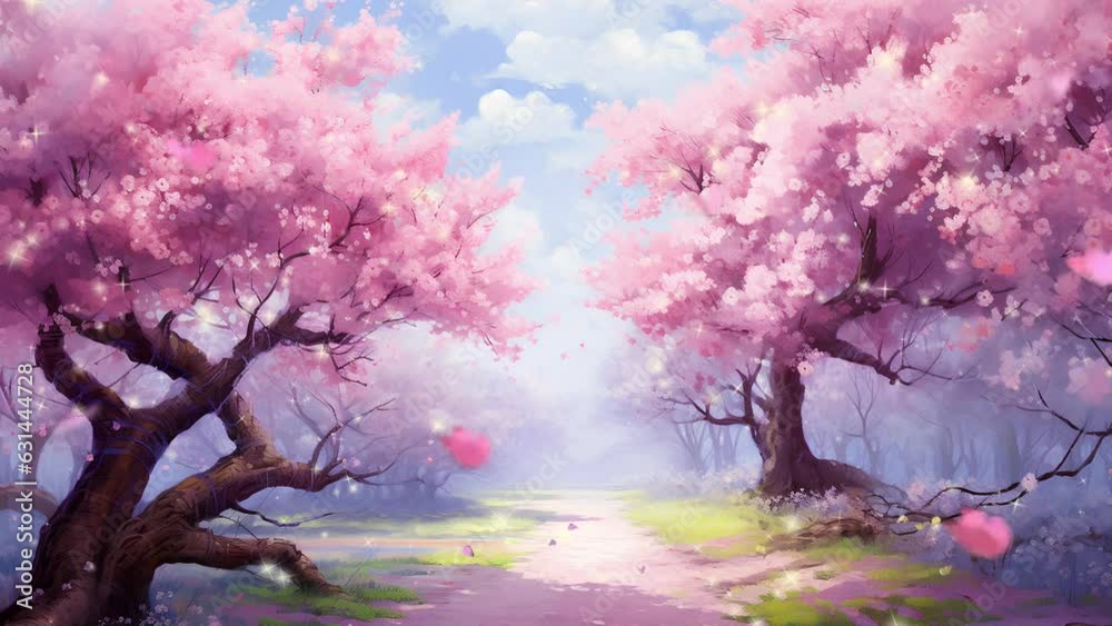 landscape view the sakura trees. sparkling light. digital art. Deep ...