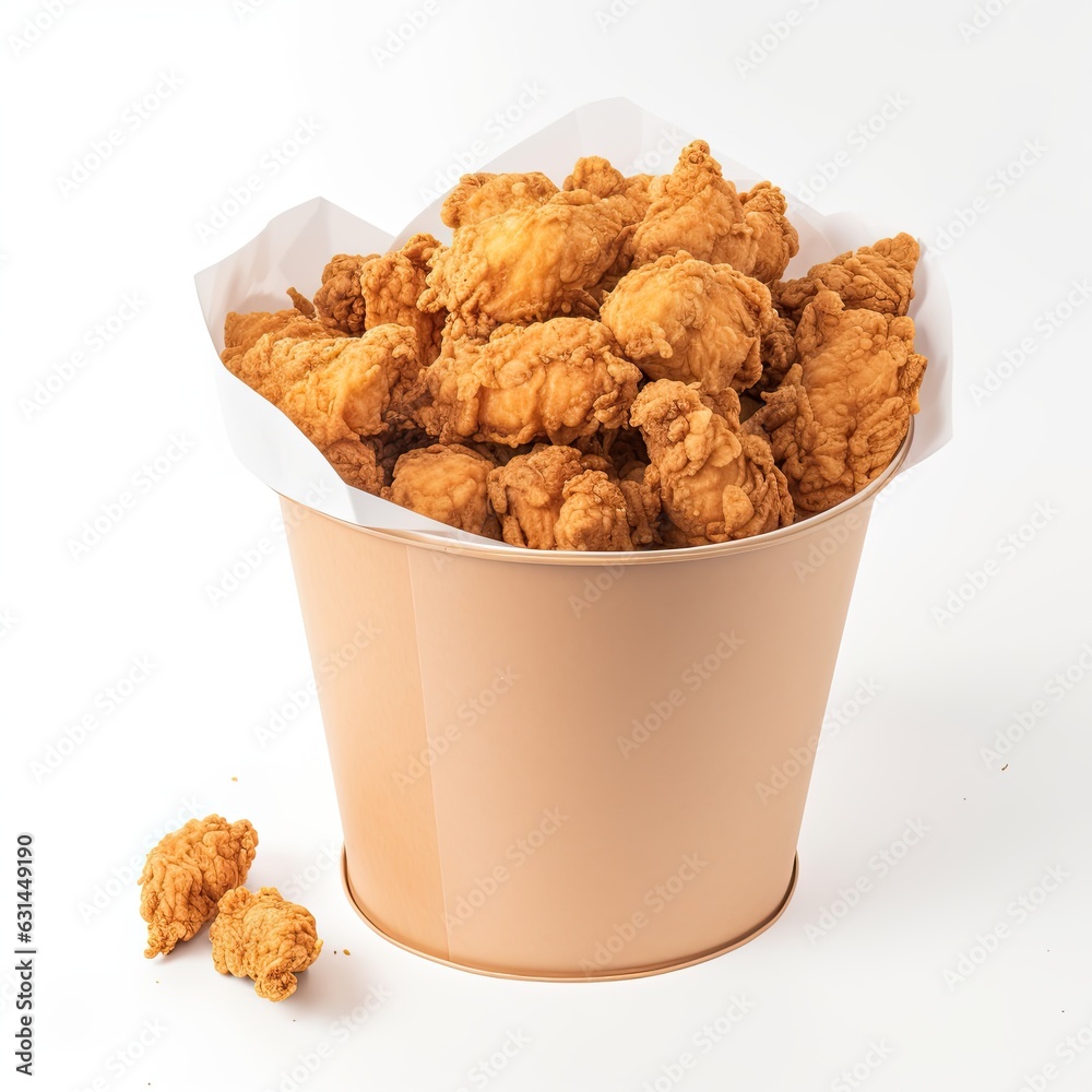 Recycled cardboard bucket full of fried chicken isolated on a white ...