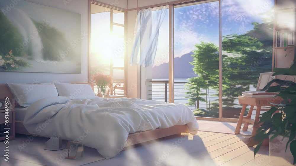 living room at the top with sunset view in window. landscape background ...
