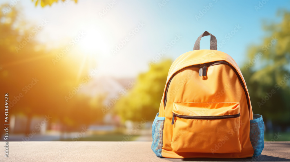Back to school concept. Backpack with school supplies on nature ...