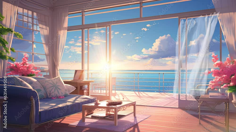 living room at the top with sunrise and sea view. Seamless looping ...