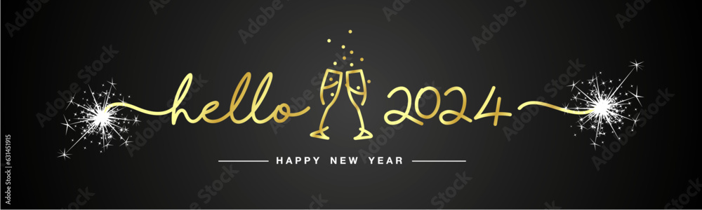 Hello 2024 Happy New Year gold handwritten line design typography ...