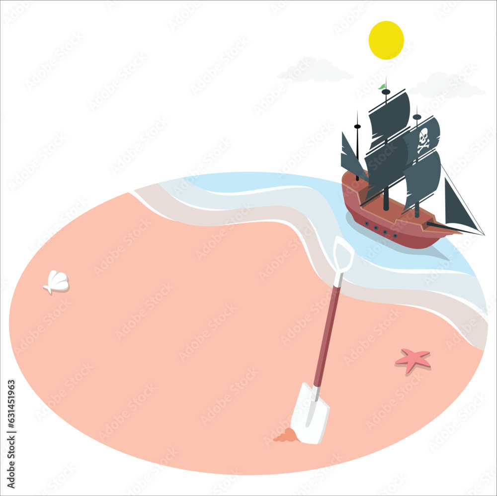 3d Pirate island landscape vector illustration. Cartoon scenic seascape ...