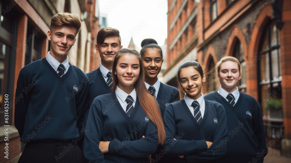 Group of private school students stand outside in uniform in front of ...
