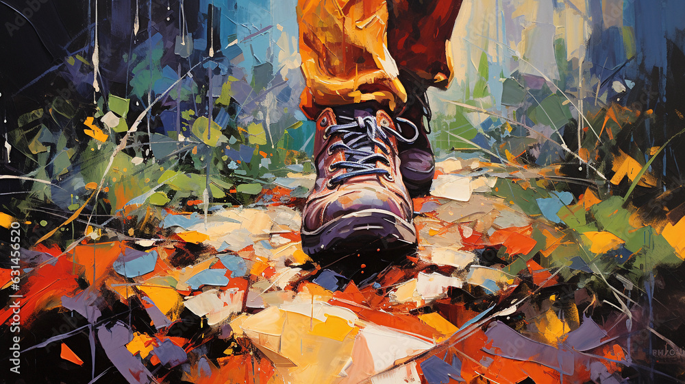 Abstract expressionistic painting of a wilderness trek, hiking boots ...