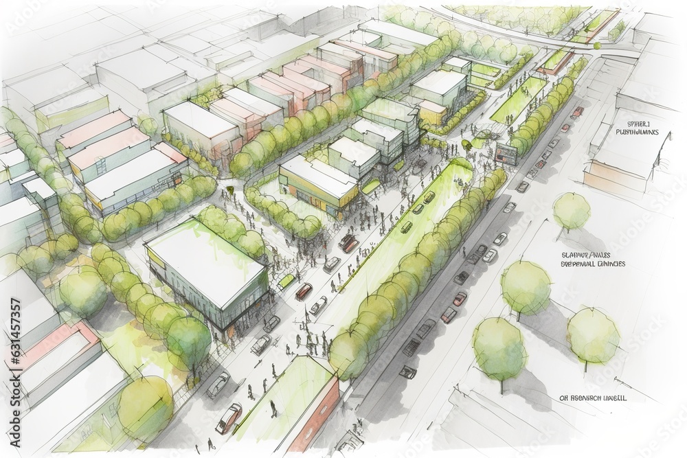 Urban planning sketch highlighting sustainable elements like green ...