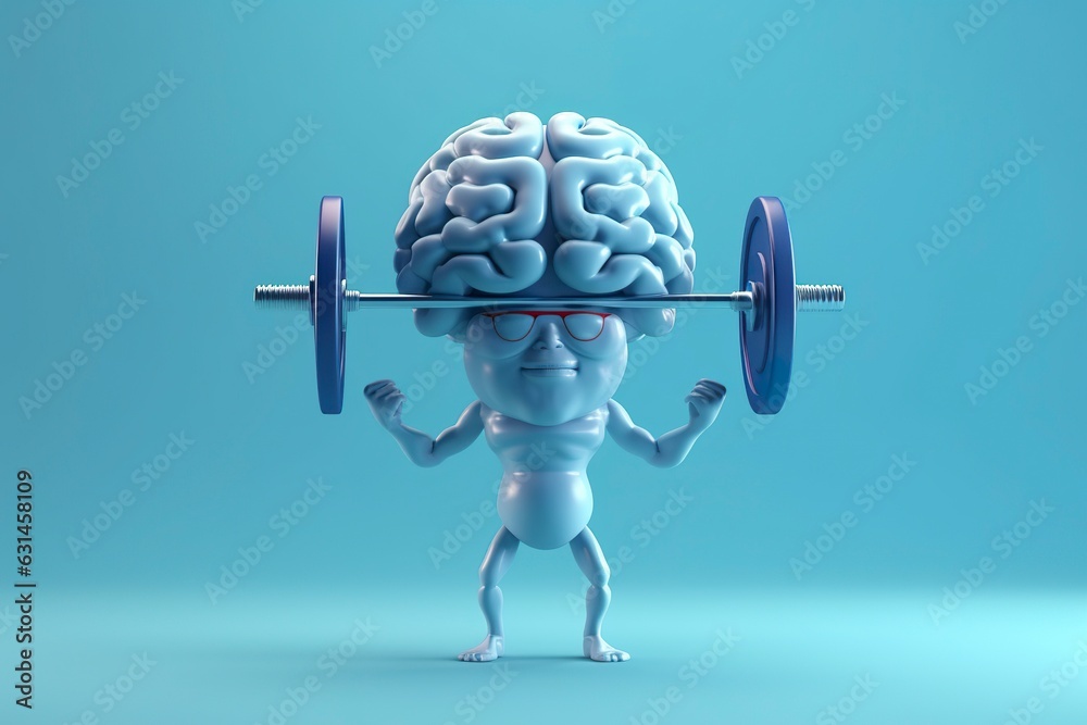 Human brain lifting weights. 3D brain lifting a heavy dumbbell. Mind ...