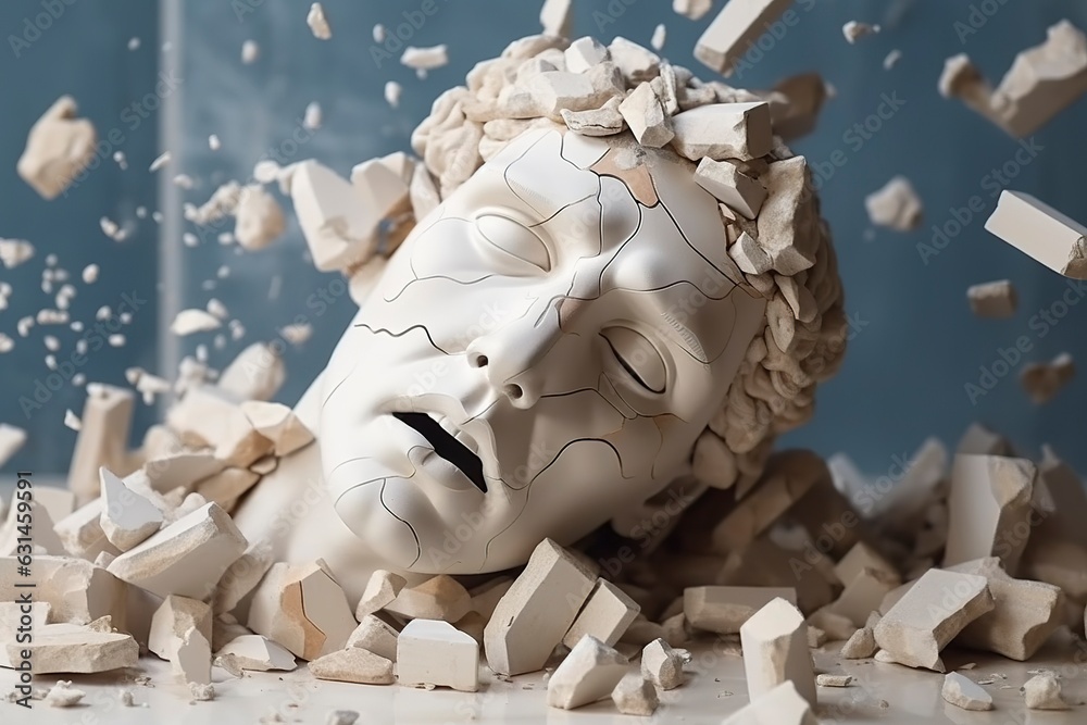 Broken ancient greek statue head falling in pieces. Broken marble ...