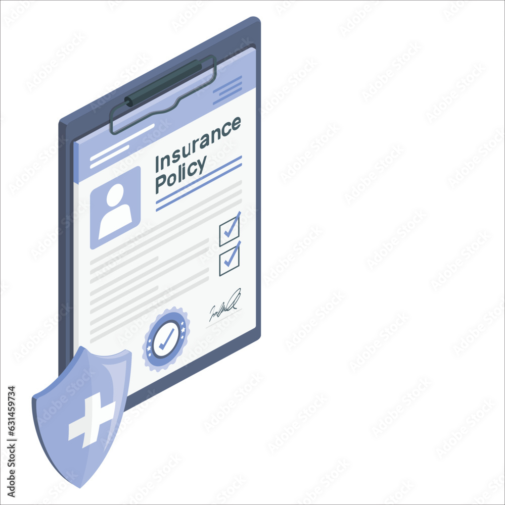 3d Insurance policy on clipboard with pen isolated on white background ...