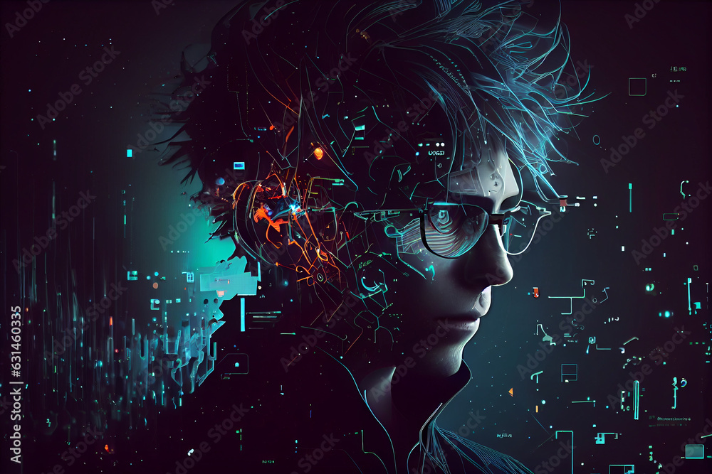 Man with digital transformation in his head. Chip in brain ...
