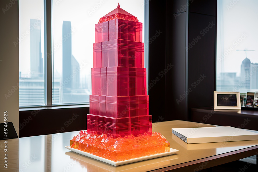 A model of a skyscraper made from red translucent jello jelly in a ...