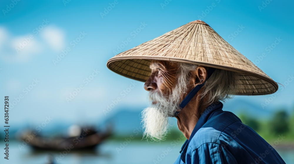 Vietnamese old man with long white beard and straw hat on boat. Vietnam ...