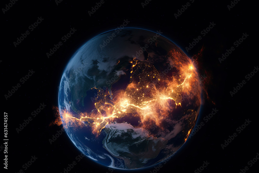 The earth destructs with fire caused by climate change global warming ...