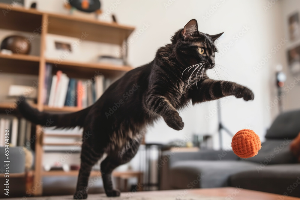 Black cat jumping around playing with a cat toy at home. Having fun ...