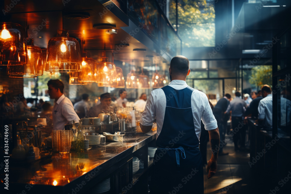 Blurred fancy restaurant background with some people eating and waiters ...