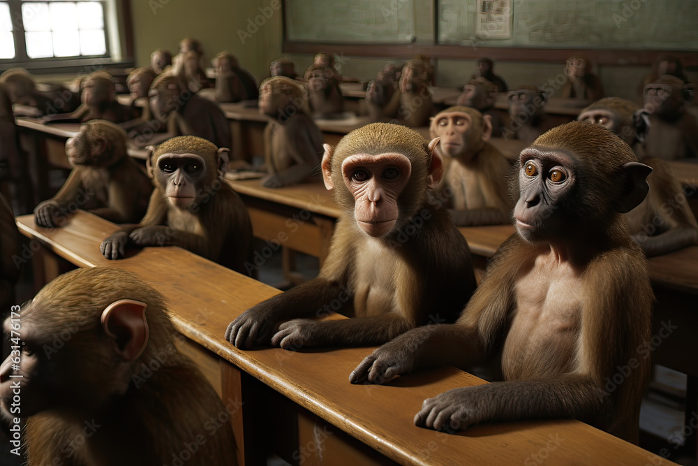 Monkey primates sat in a school classroom at old wooden desks Stock ...