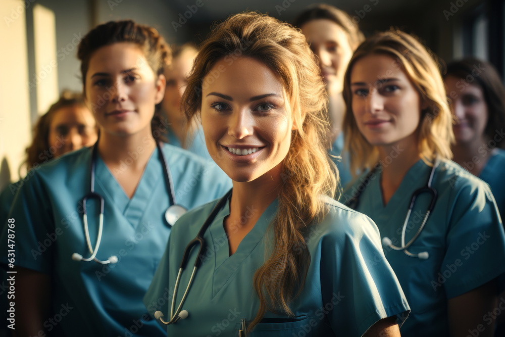 Beautiful smiling female nurses and doctors wearing scrubs in a ...