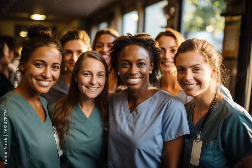 Beautiful smiling female nurses and doctors wearing scrubs in a ...