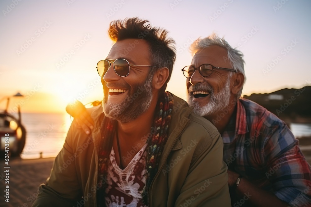 Senior lgbt man happy moment on the beach with golden hour with ...