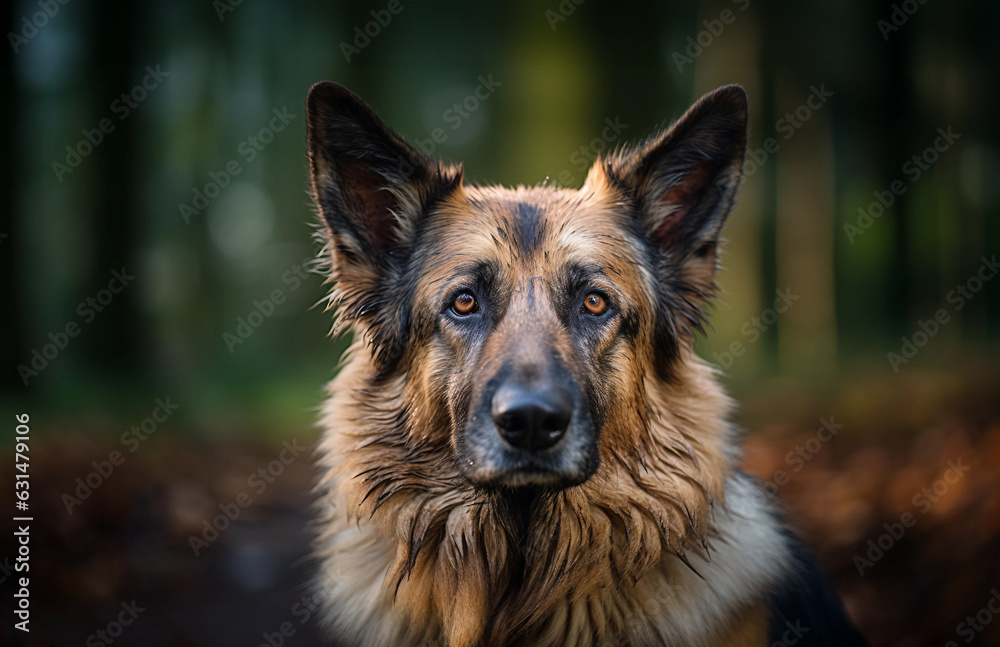 German shepherd looking at the camera, close-up portrait of the dog ...