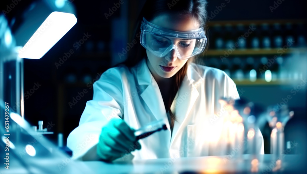 A medic in the laboratory conducts research through a microscope. The ...