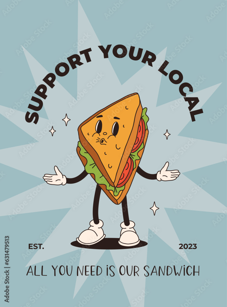 Vector cartoon retro mascot of bread, pastry, burger, sandwich. Vintage ...
