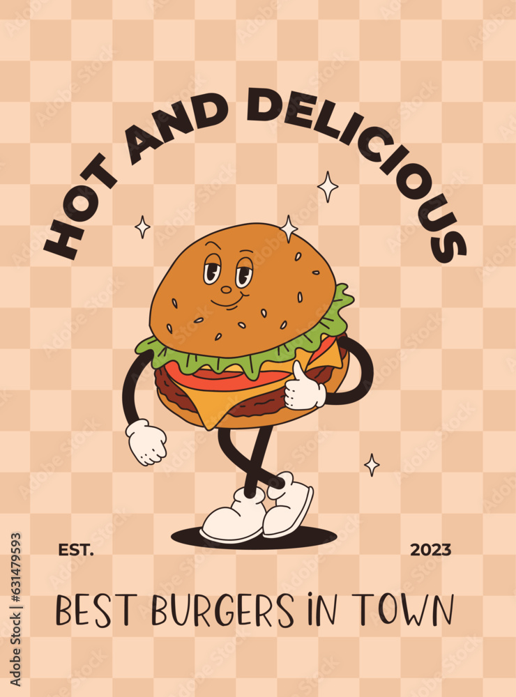 Vector cartoon retro mascot of bread, pastry, burger, sandwich. Vintage ...