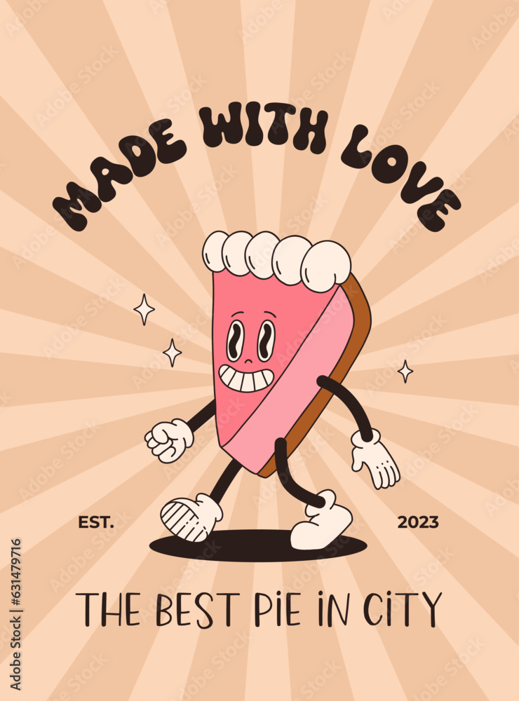 Vector cartoon retro mascot of bread, pastry, burger, sandwich. Vintage ...