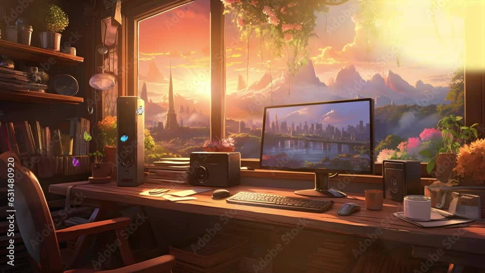 a desk in the living room with window space, in the style of anime ...