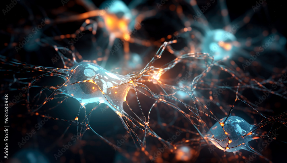 Neurons activity. Synapses and axones transmitting electrical signals ...