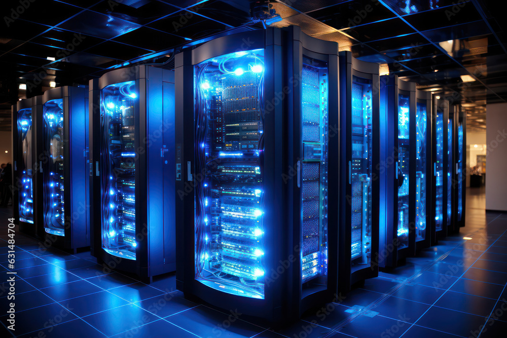 A view of a state-of-the-art data center interior, showcasing rows of ...