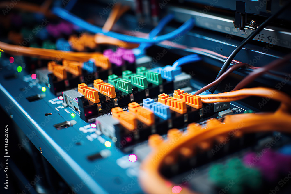 A high-angle shot of fiber optic cables neatly organized and connected ...