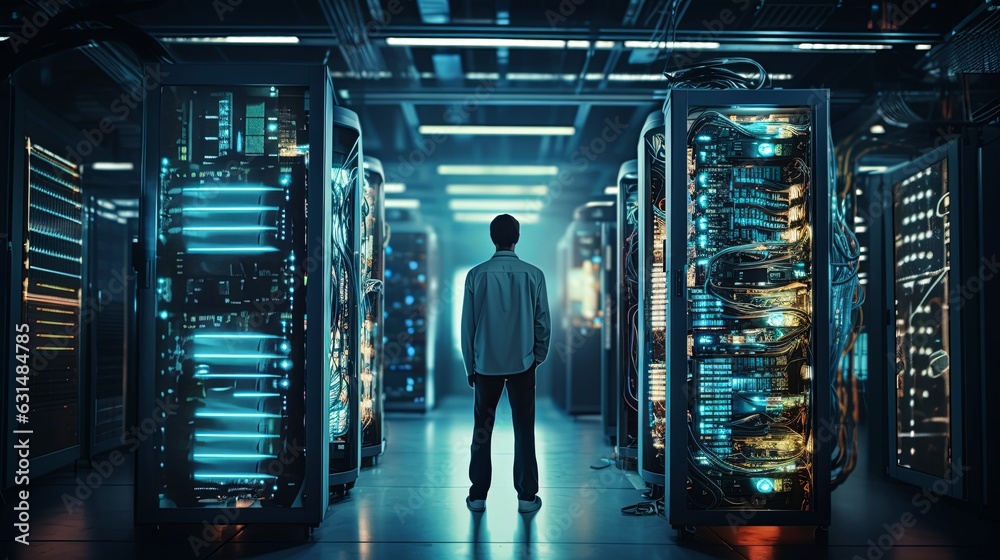 hacker male or it engineer data code prompter walking eworking in data ...