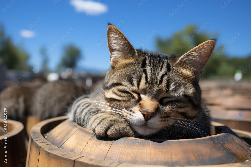 A close-up shot of a sleeping cat on a soft pillow, capturing its ...