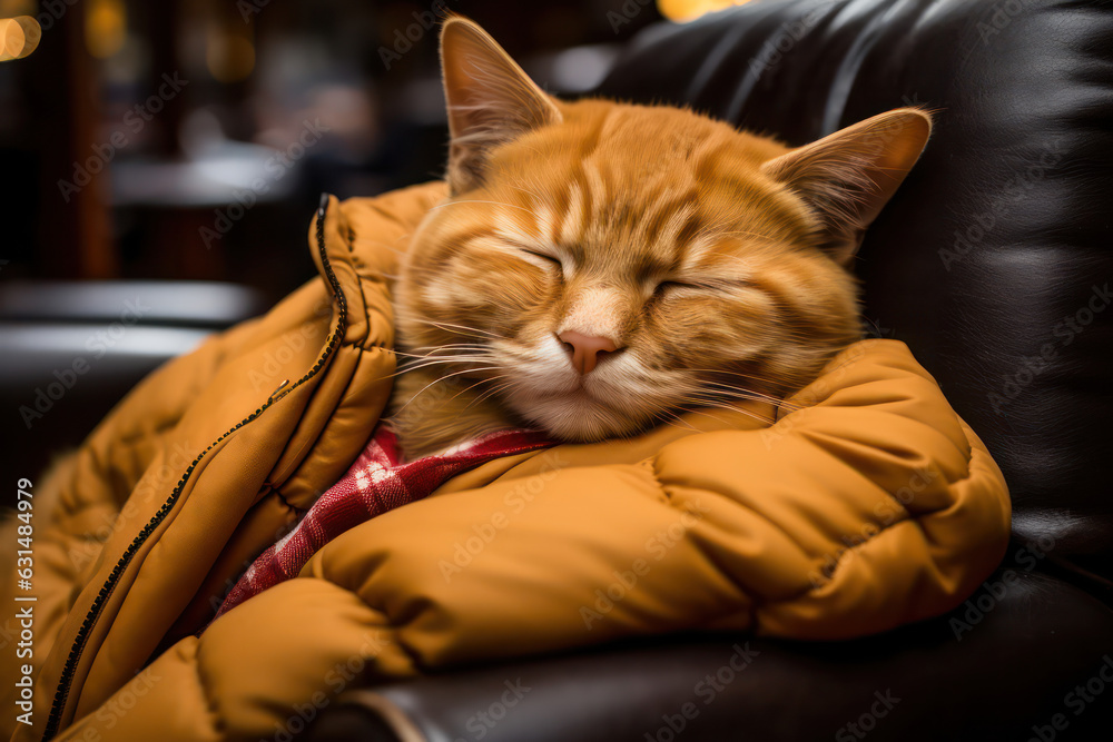 A close-up shot of a sleeping cat, capturing its peaceful expression ...