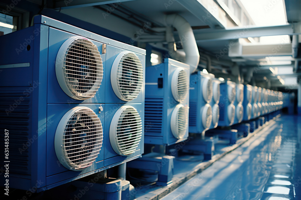 A shot of the cooling infrastructure in a server farm, including ...