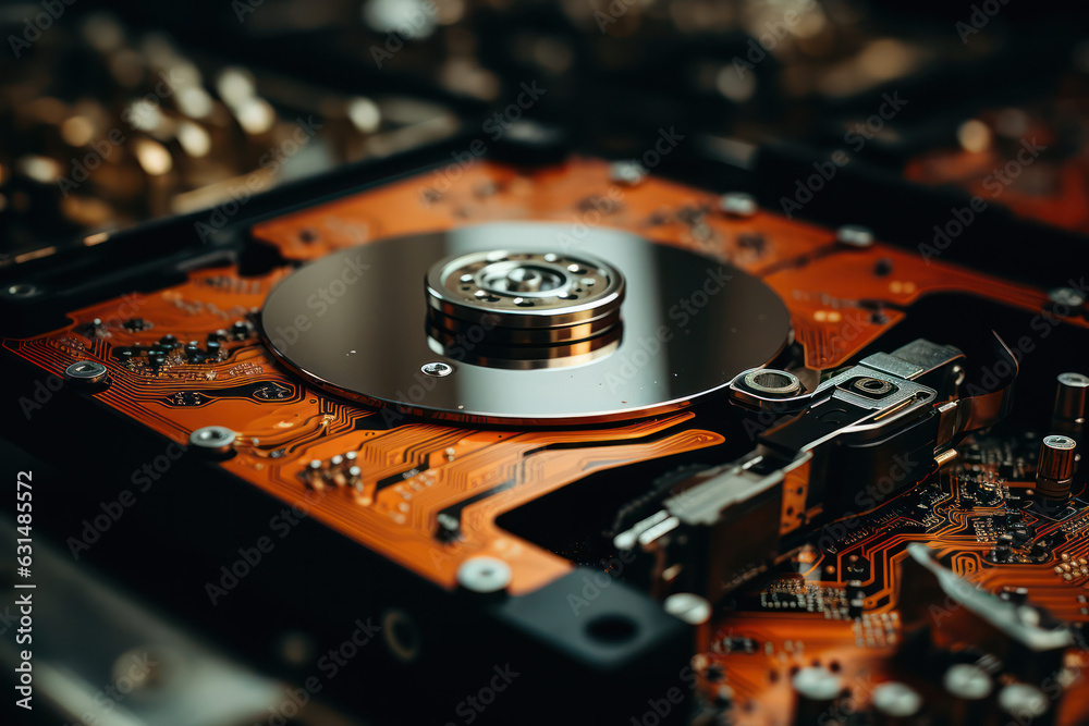 A close-up shot of a hard disk drive's sector and block layout ...