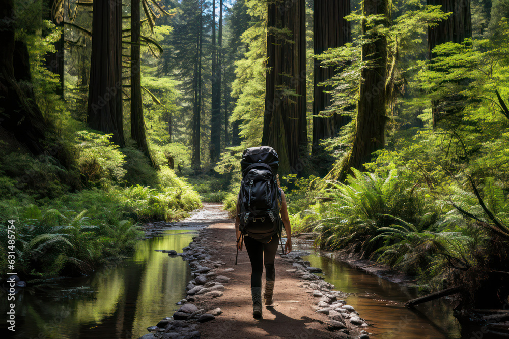 A person hiking through a dense forest, with towering redwood trees ...